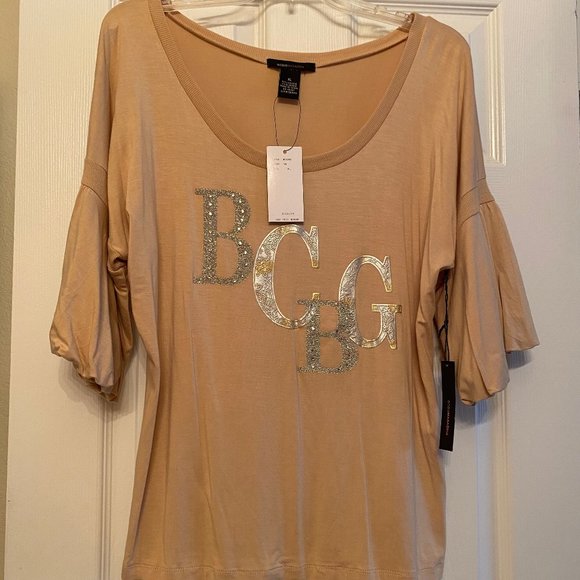 BCBGMaxAzria | Tops | New Bcbg Max Azria Logo Embellished Tan ...